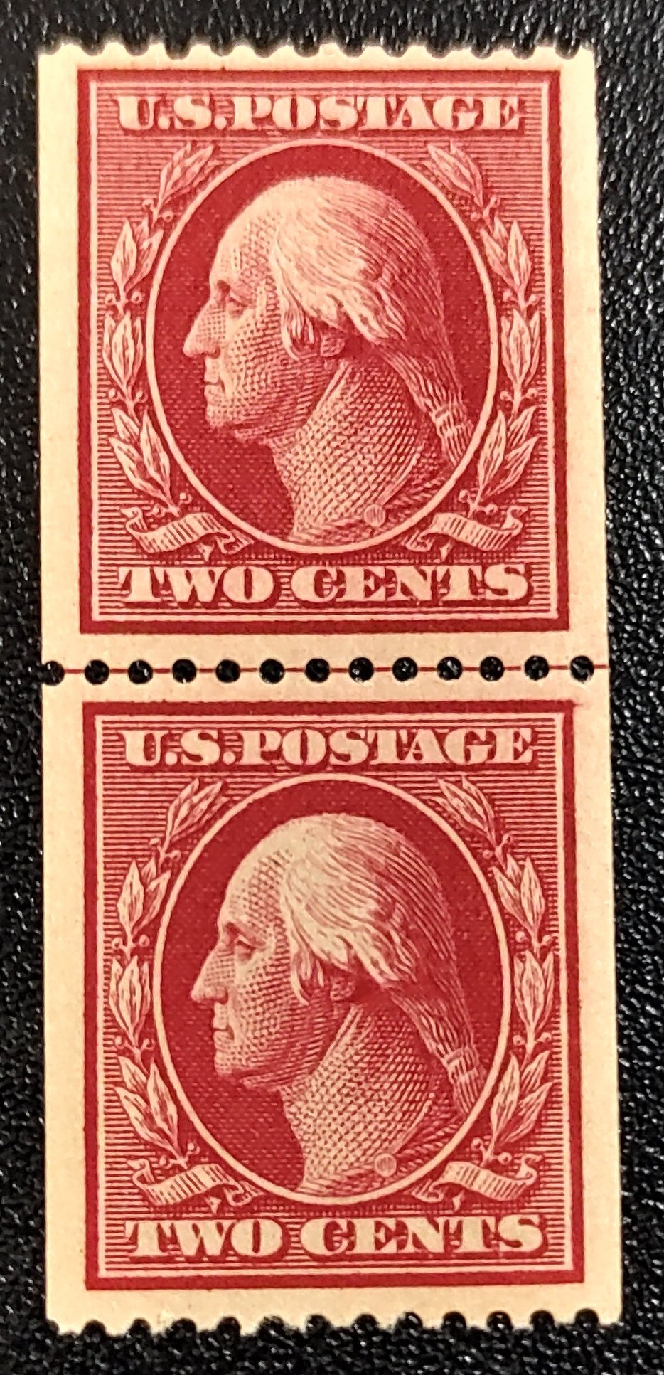 Scott Stamp#386 - 1910 2¢ Washington Carmine LINE Pair. MHR, OG. SCV ...