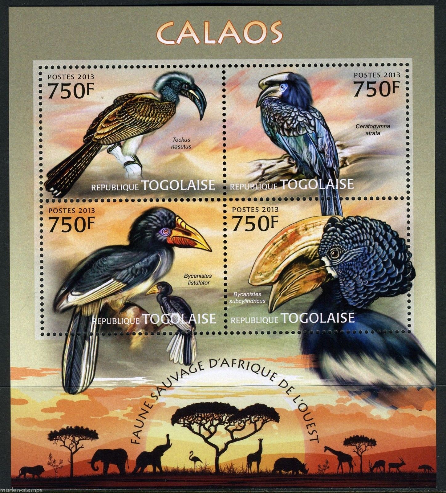 Togo 2013 Wild Animals of West Africa Hornbill Birds Sheet Mint NH ...