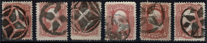 US #65 - FANCY CANCELS - 6 examples of different GEOMETRIC cancels ...