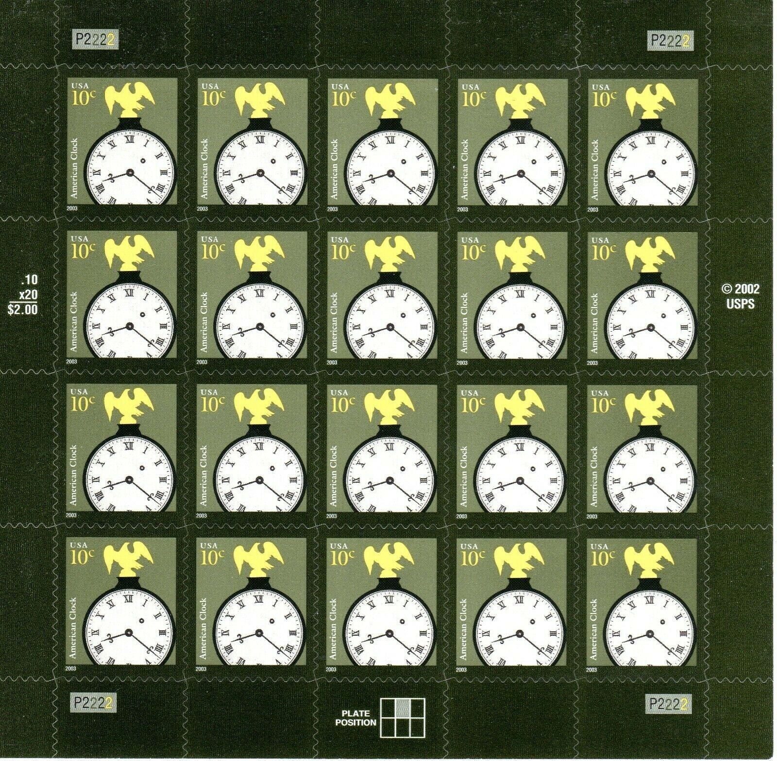 American Clock Sheet of Twenty 10 Cent Postage Stamps Scott 3757 ...