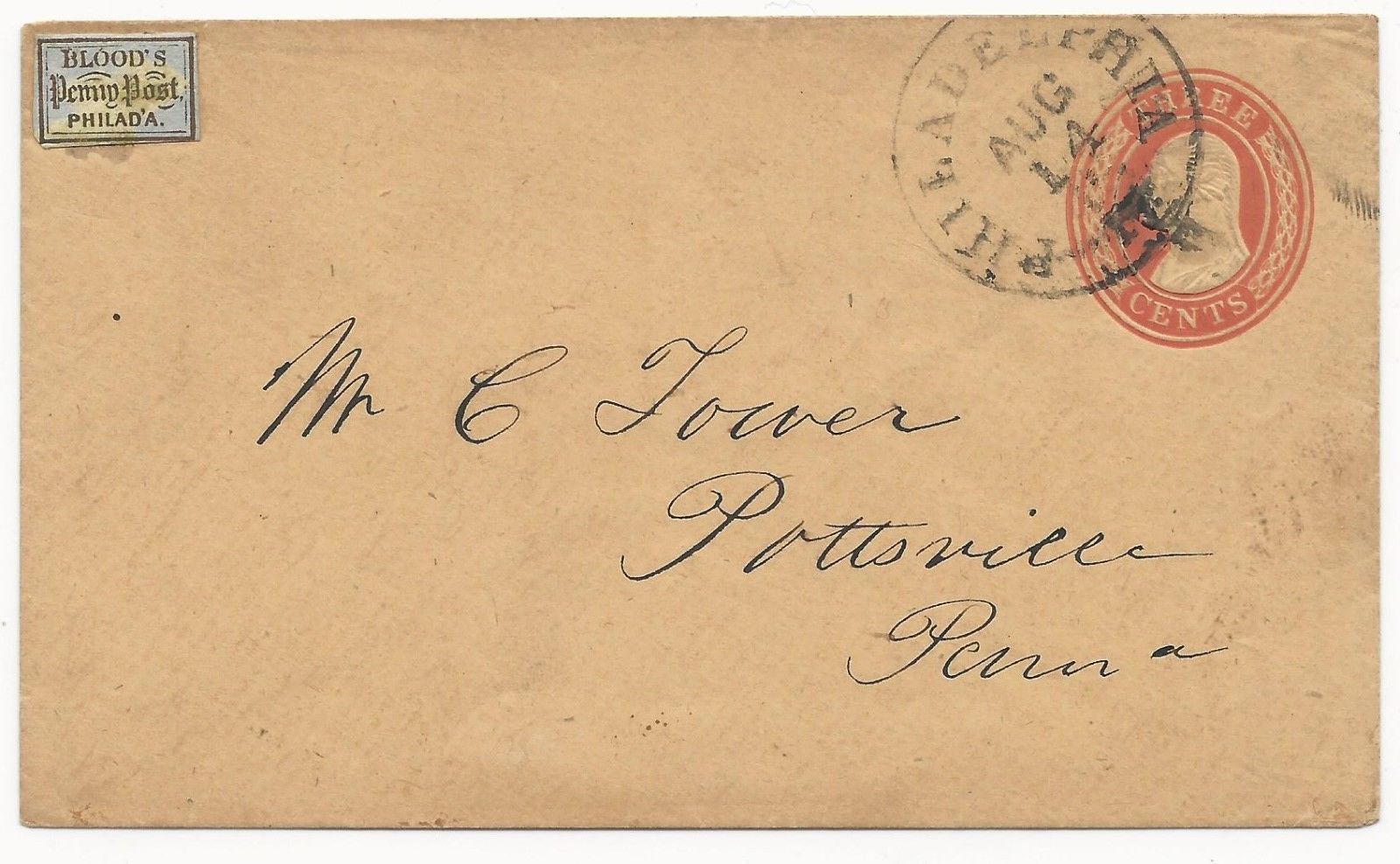 US POSTAL STATIONERY COVER Scott #U10 Philadelphia, PA 1850 Bloods ...