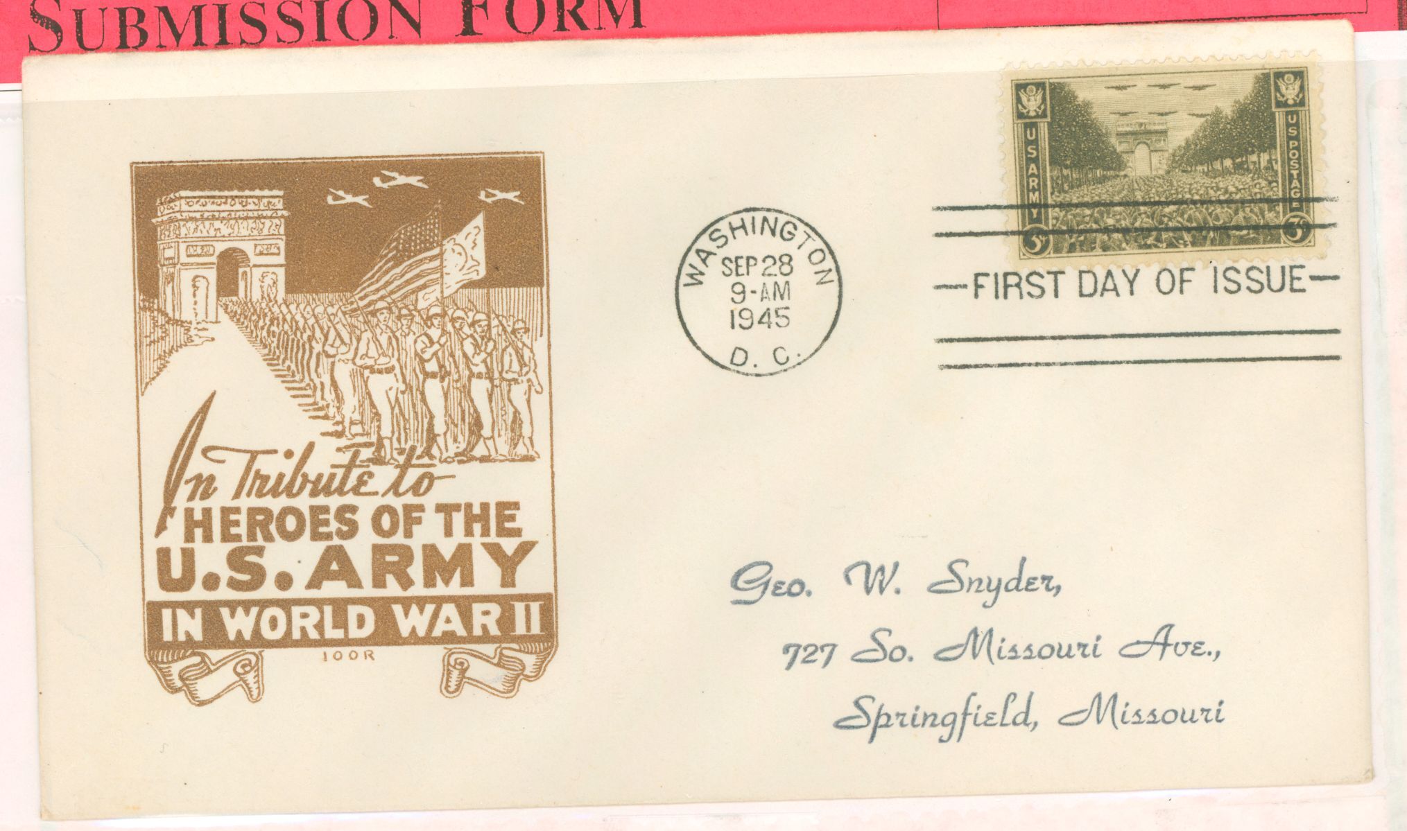US 934 1945 3c U.S. Army single on a Harry Ioor cacheted first day ...