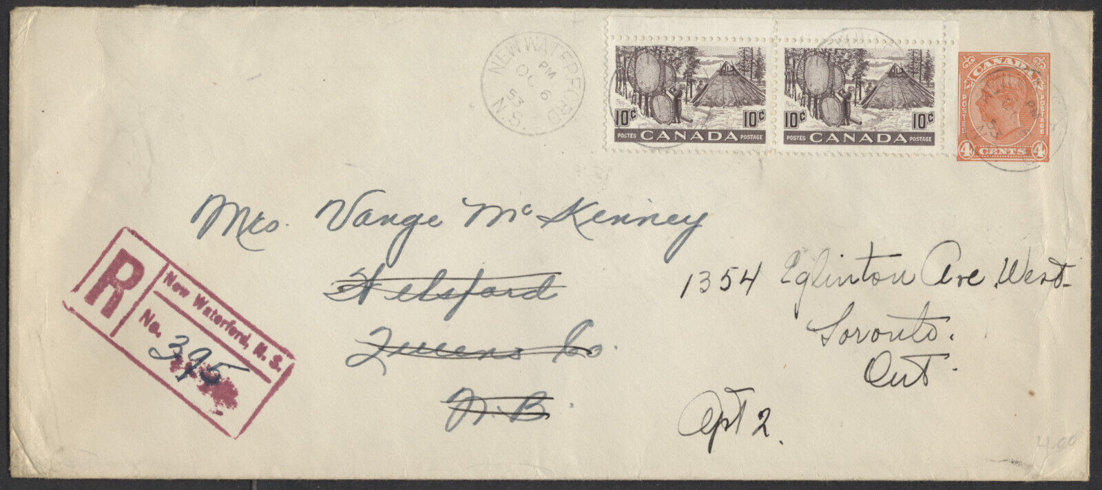 1953 4c GeoVI PSE Uprated Registered New Waterford NS to Welsford NB ...