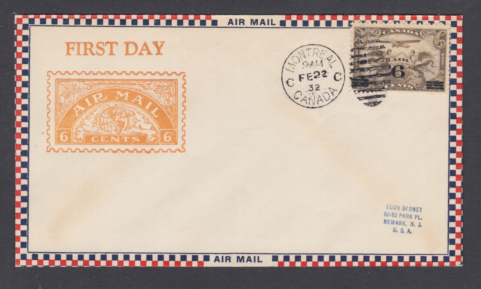 Canada Sc C3 FDC. 1932 6c on 5c brown olive Globe, bister A.C. Roessler ...