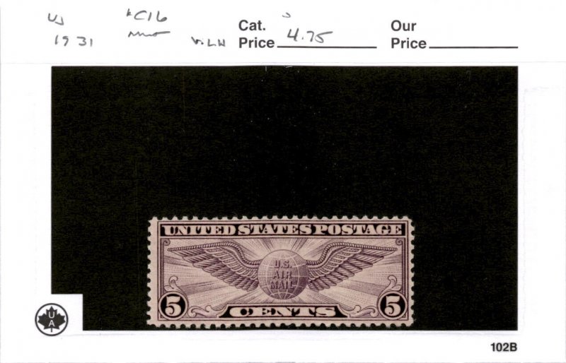 United States Postage Stamp, #C16 Mint LH, 1931 Winged Globe (AI ... United States Postage Stamp, #C16 Mint LH, 1931 Winged Globe (AI ...