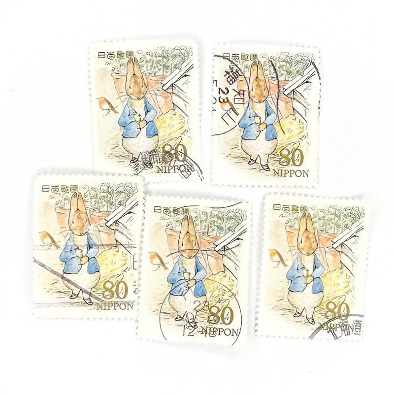5 x Peter Rabbit Beatrix Potter used, Japanese postage stamps all off ...