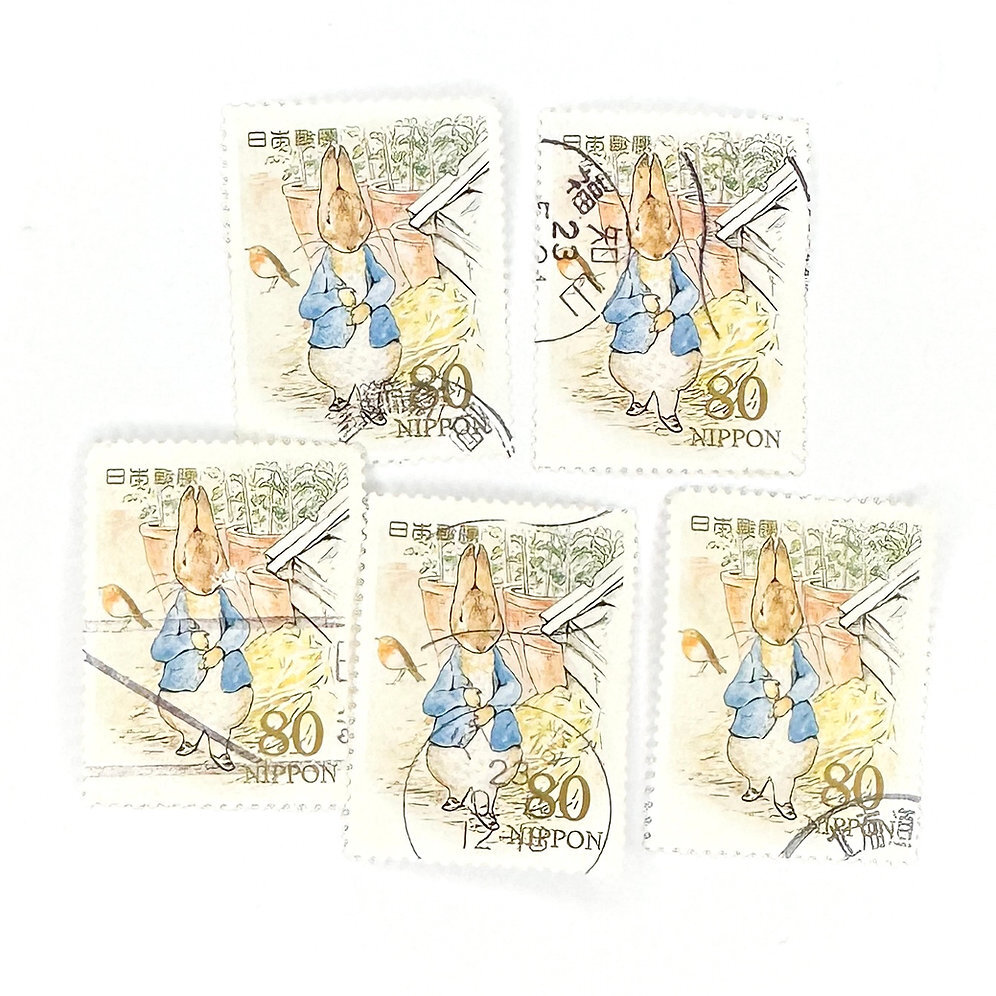 5 x Peter Rabbit Beatrix Potter used, Japanese postage stamps all off ...