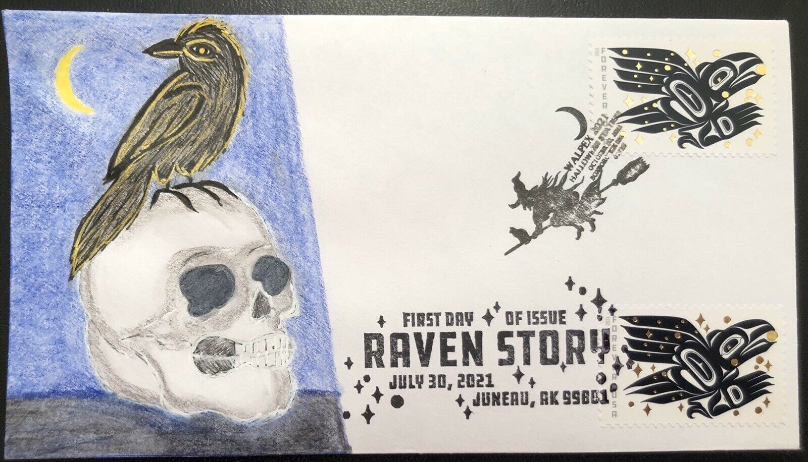 2021 Raven Story FDC Hand Drawn Cachet WALPEX fancy cancel witch cat ...