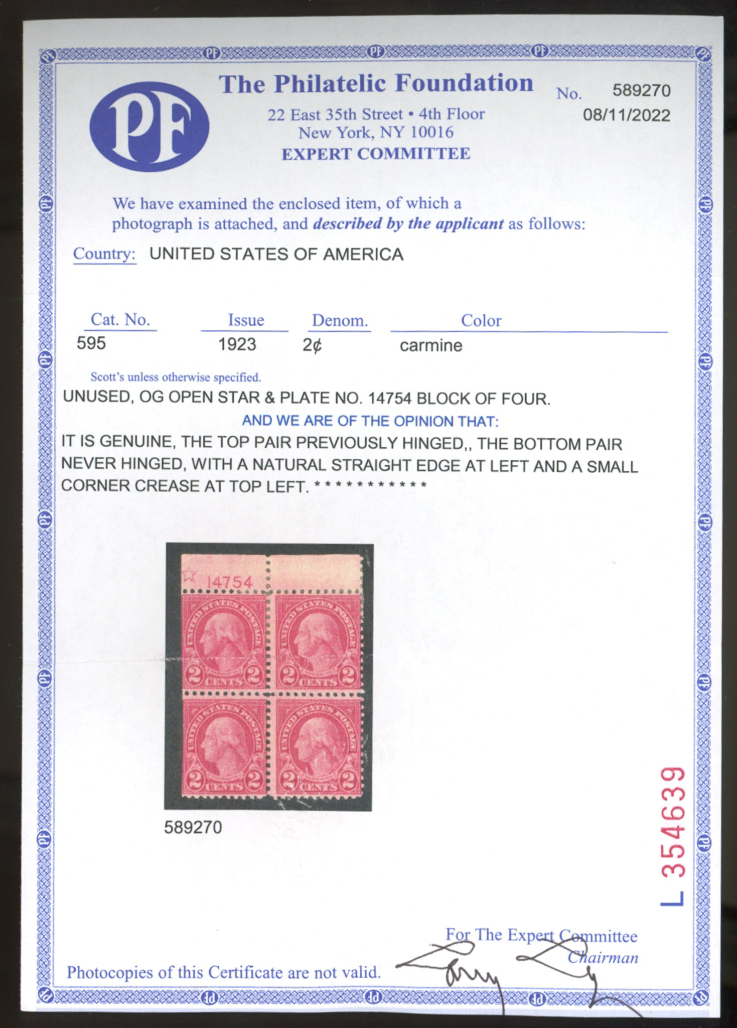 U.S. #595 Mint Star PL# Block of 4 With PF Cert OG | United States ...