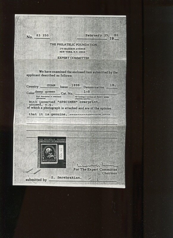 Guam 1s Variety Inverted Specimen Overprint Error Stamp With PF Cert ...