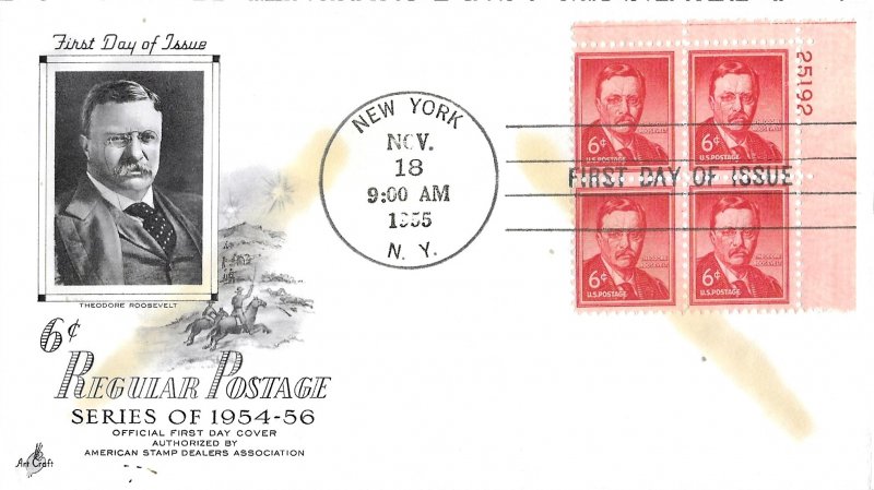 1955 FDC, #1039a, 6c Theodore Roosevelt, Art Craft, plate block of 4 ...