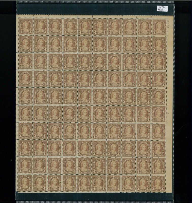 1927 United States Postage Stamp #636 Plate No. 18083 Mint Full Sheet ...