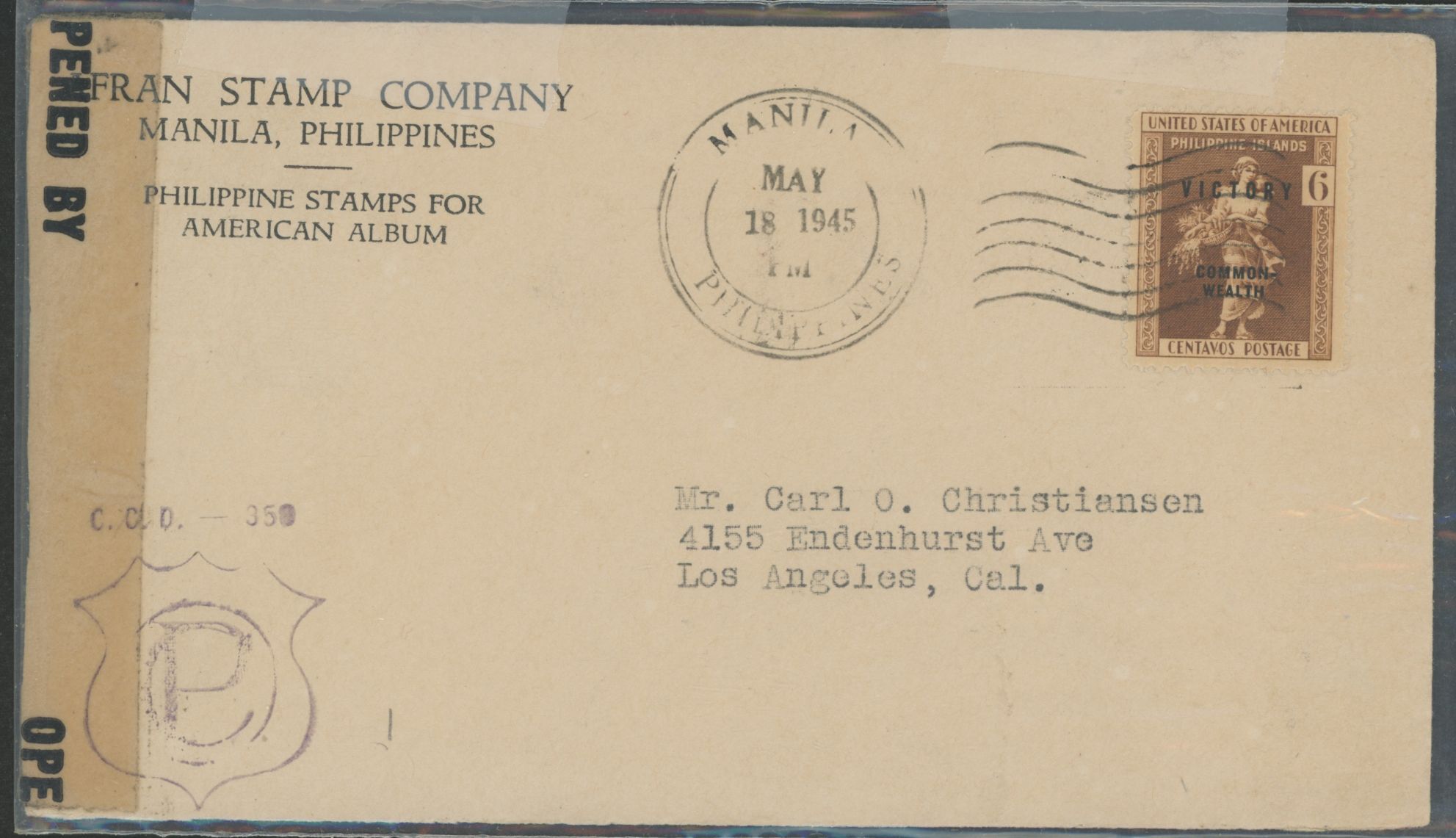 Philippines 1945 Censor cover to US, 6c victory solo | Asia ...
