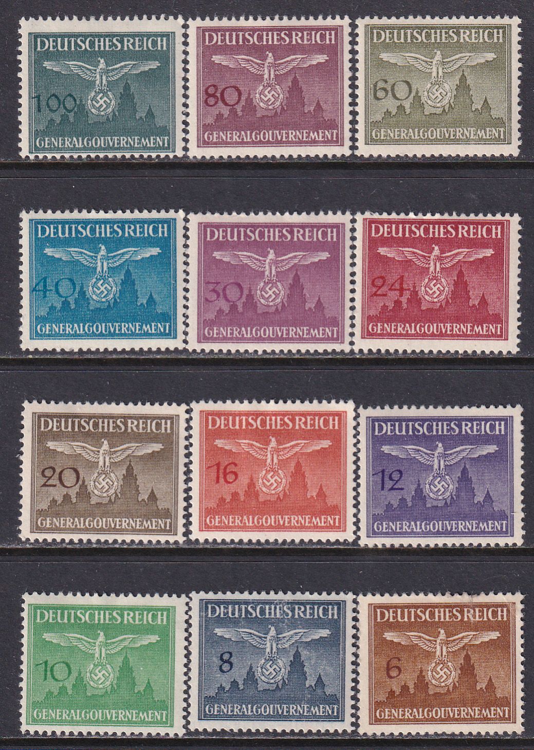 Poland 1943 Sc NO25-36 Nazi Emblem Cracow Castle General Govt Stamp MH ...