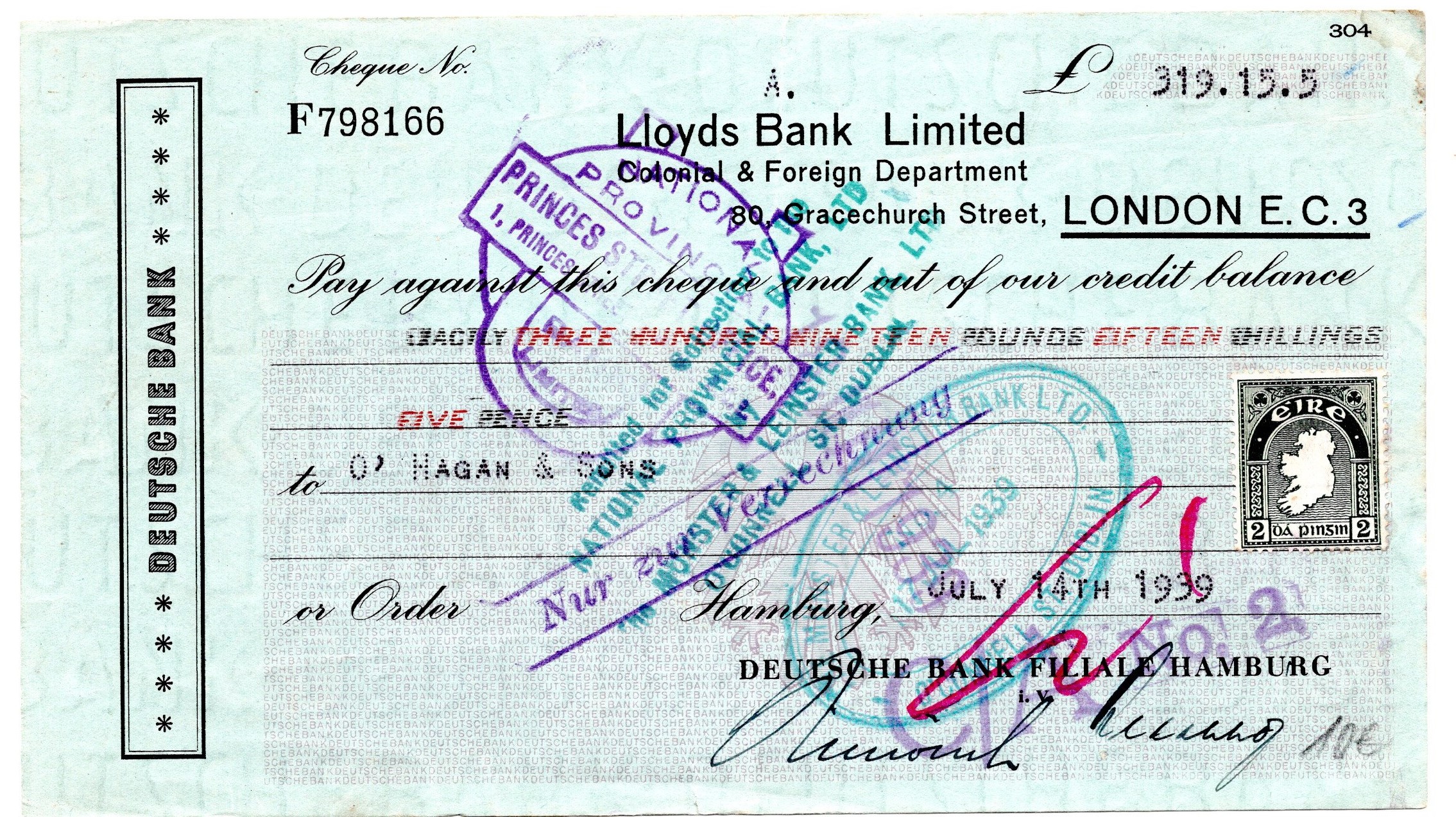 cheque 1939 lloyds and deutsche bank / HipStamp