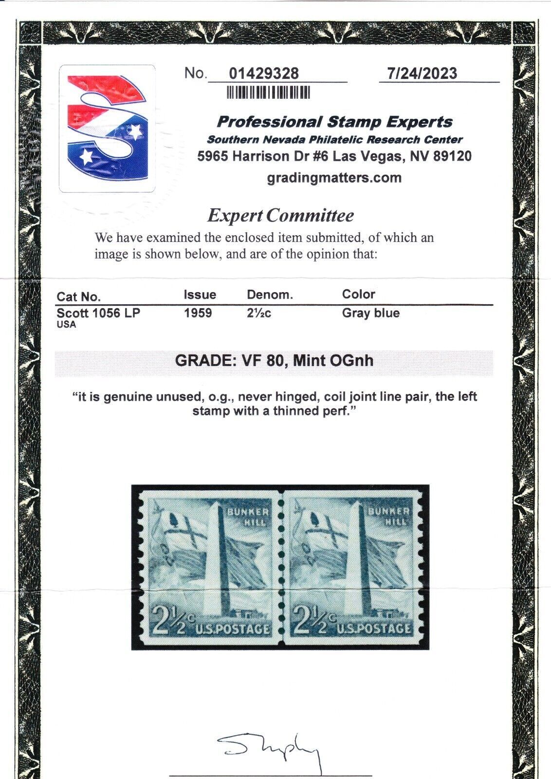 MOstamps- US #1056 Mint OG NH LP Grade VF 80 with PSE Cert - Lot # MO ...