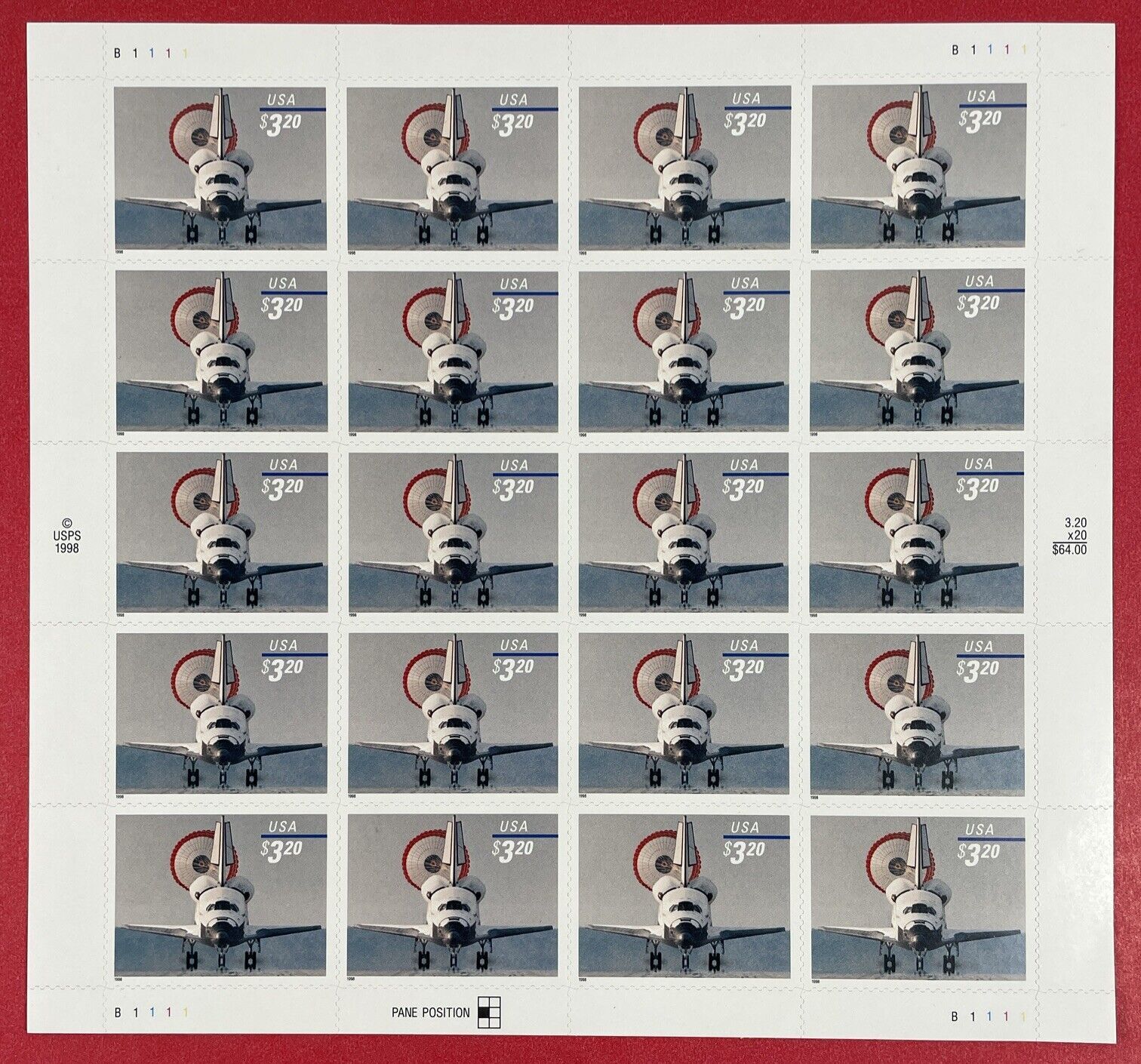 3261 SPACE SHUTTLE LANDING Pane of 20 US $3.20 Priority Mail Stamps MNH ...