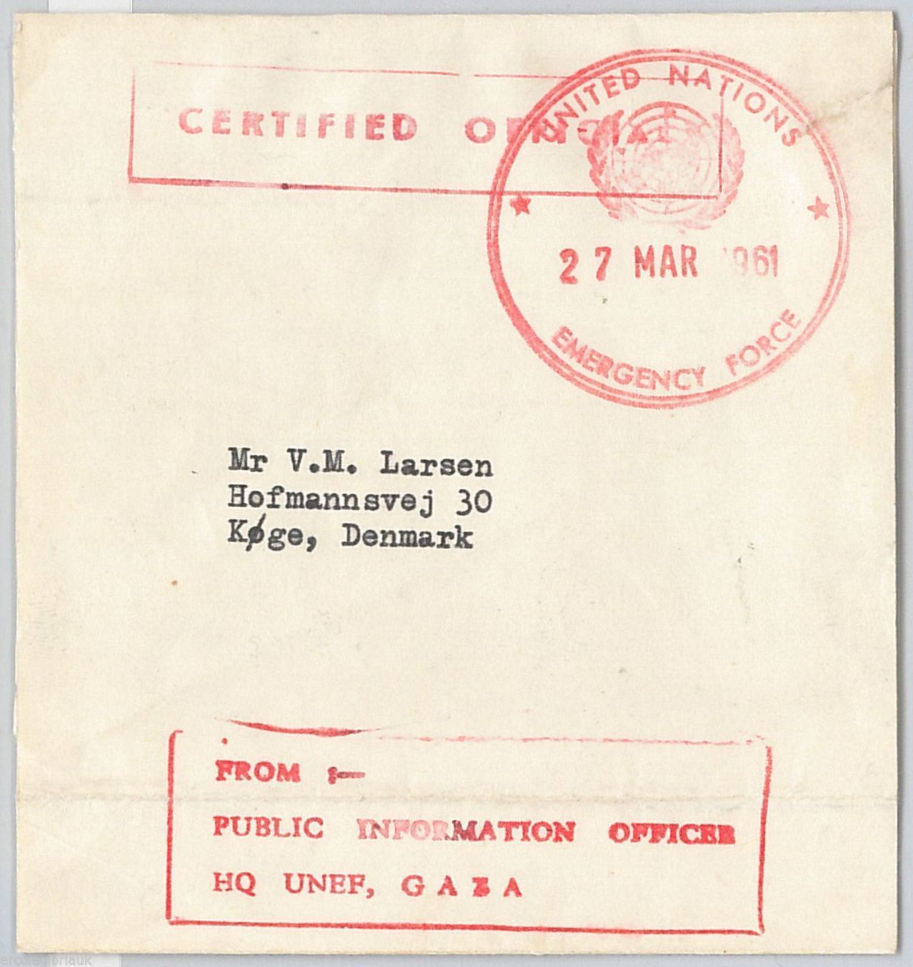 PALESTINE Israel - POSTAL HISTORY: WRAPPER from DANISH UN contingent in ...