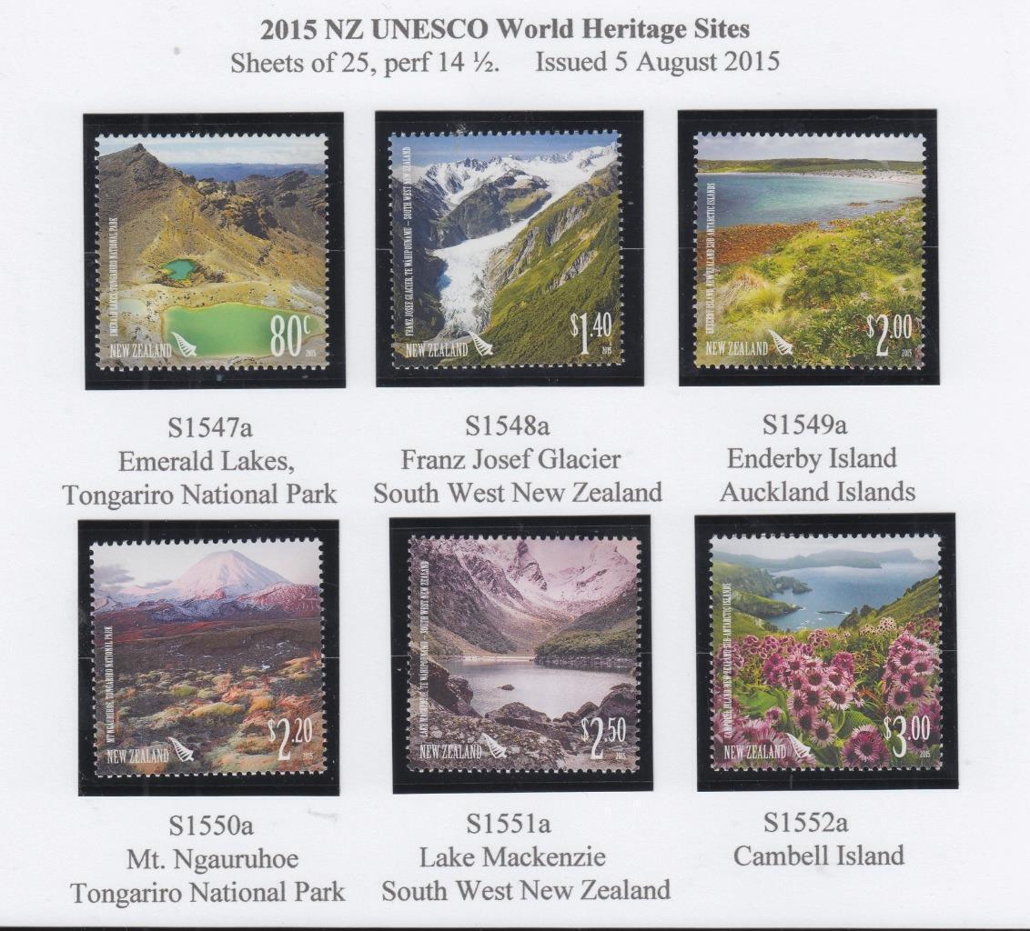 New Zealand 2015 New Zealand Unesco World Heritage Sites SET & S/Sheet ...