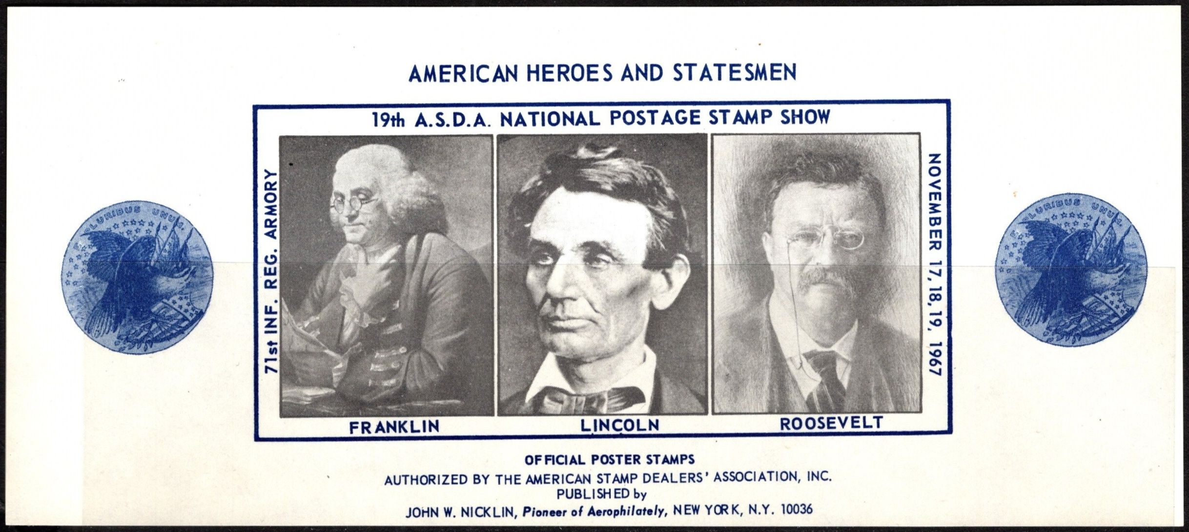 1967 US Poster Stamp 19th A.S.D.A. National Postage Stamp Show Heroes ...