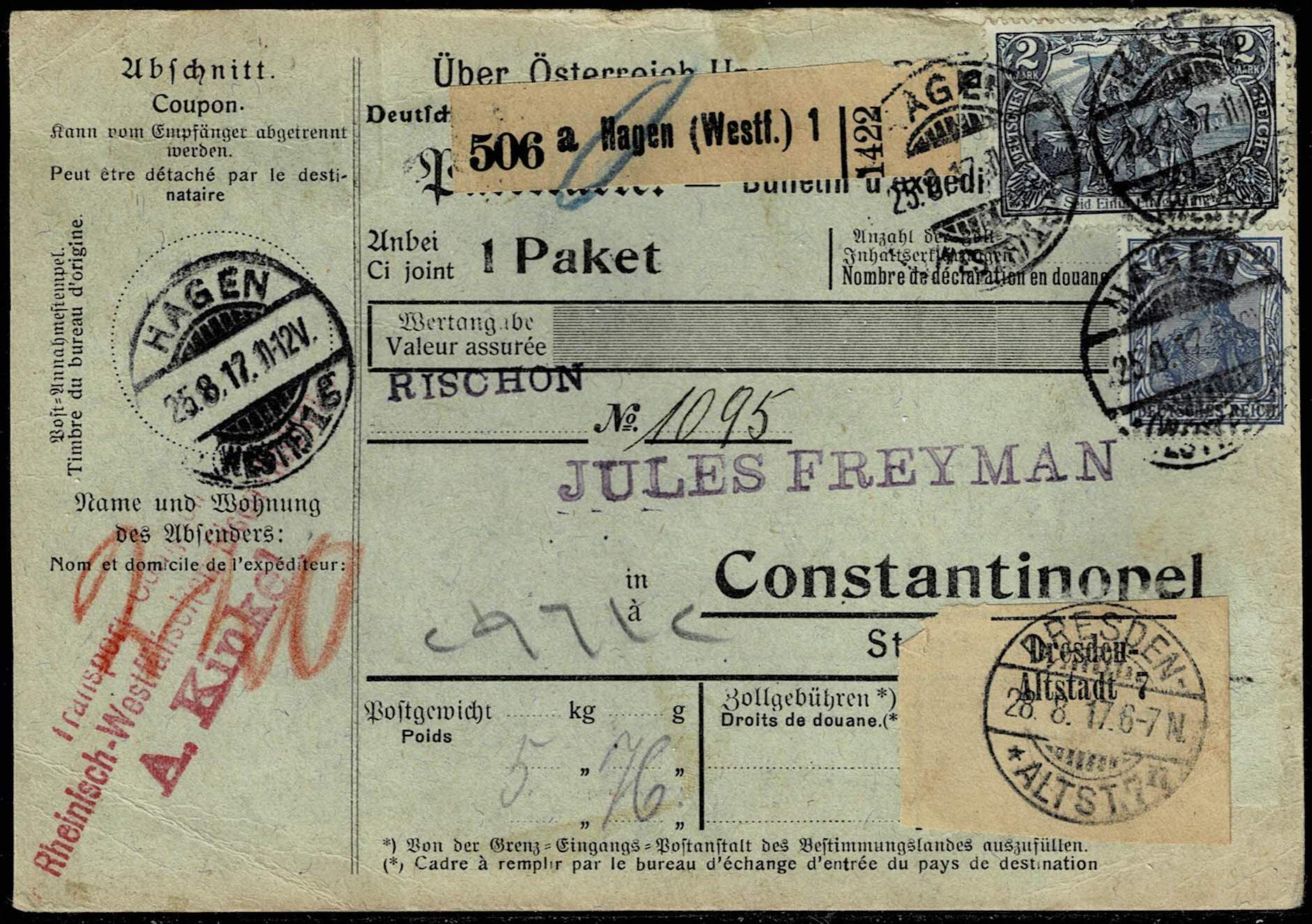 Germany1917,Sc.#93 used on complete parcel card Hagen (Germany ...