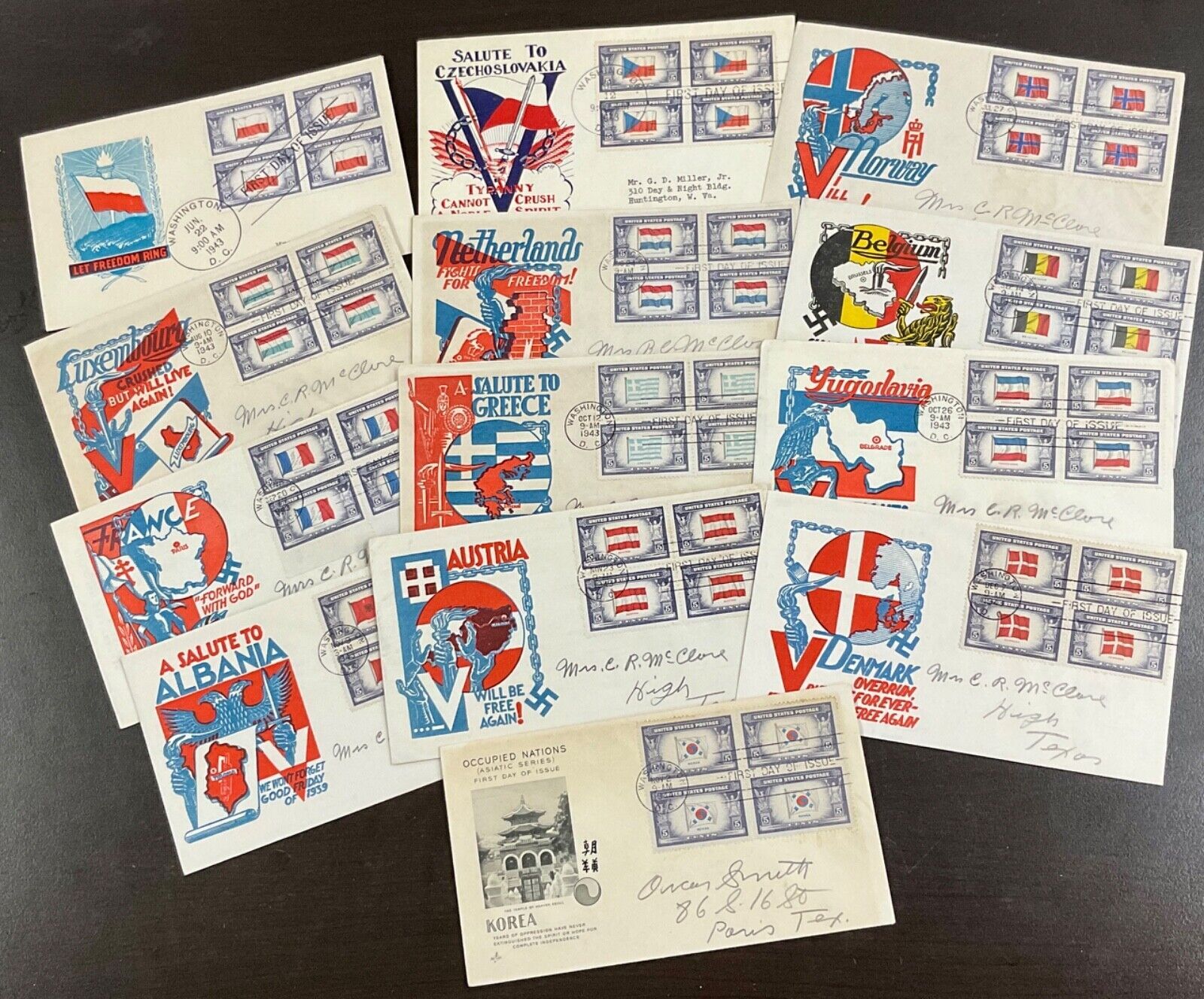 909-921 Various cachets Overrun Nations Complete set FDCs 1941 w ...