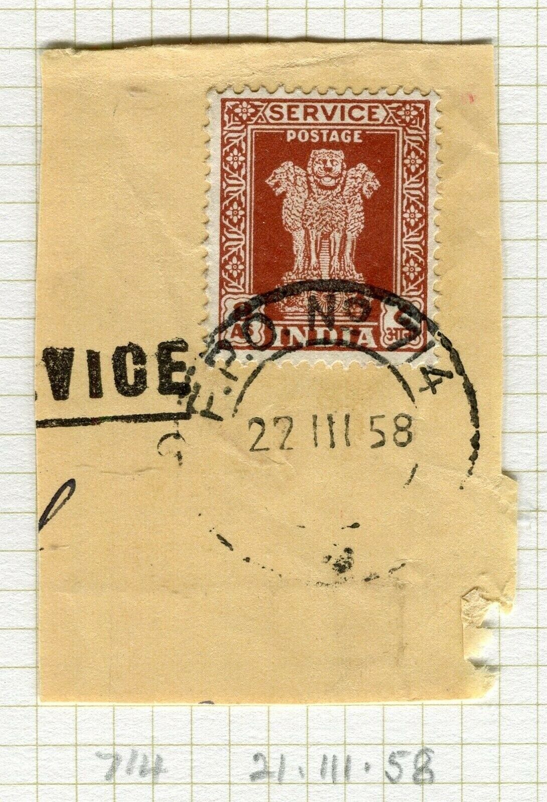 INDIA; Early GVI issue + POSTMARK on fine used value, Field PO 714 ...