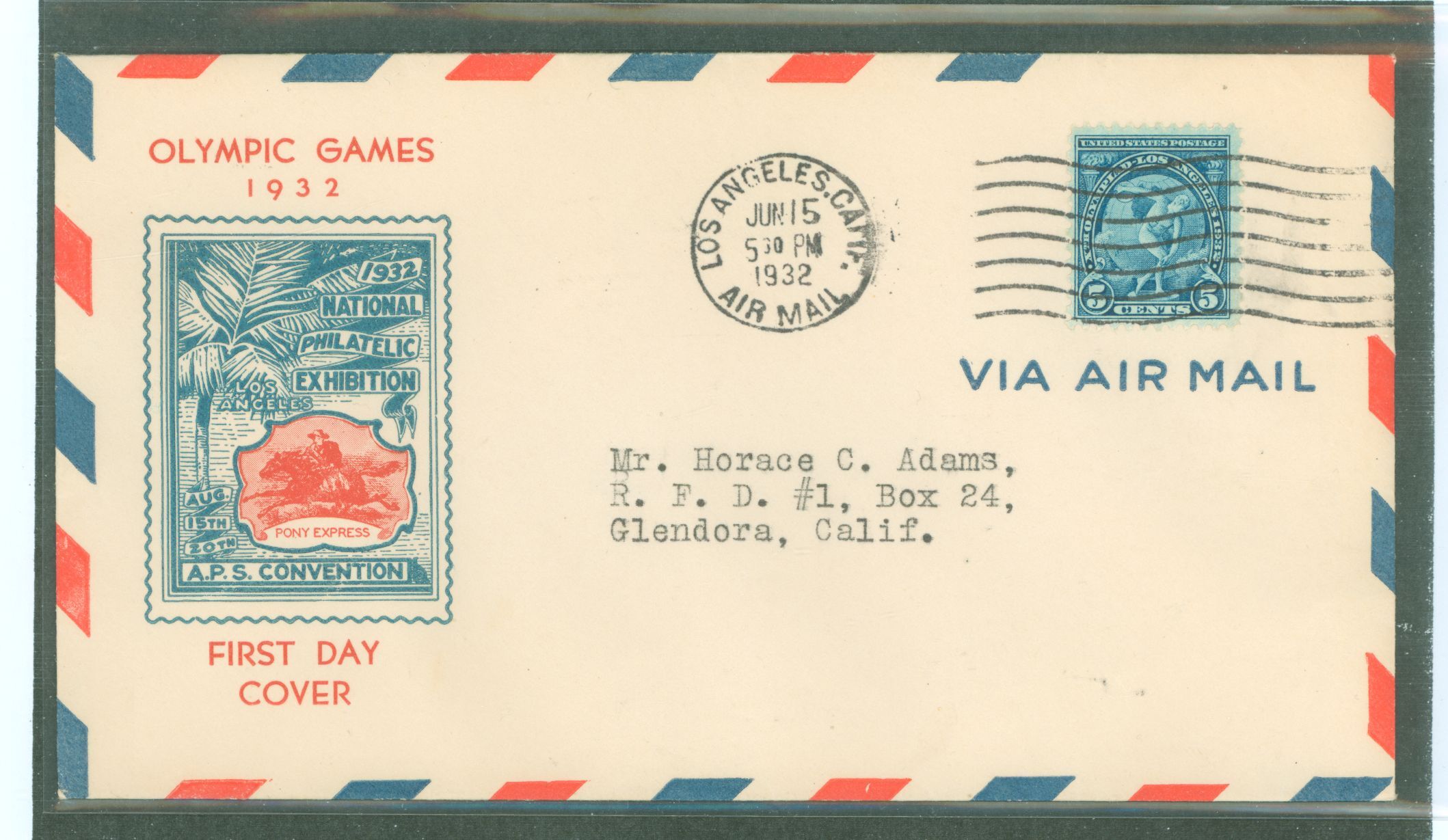 US 719 1932 5c Summer Olympic games (sports/discus) on an addressed ...
