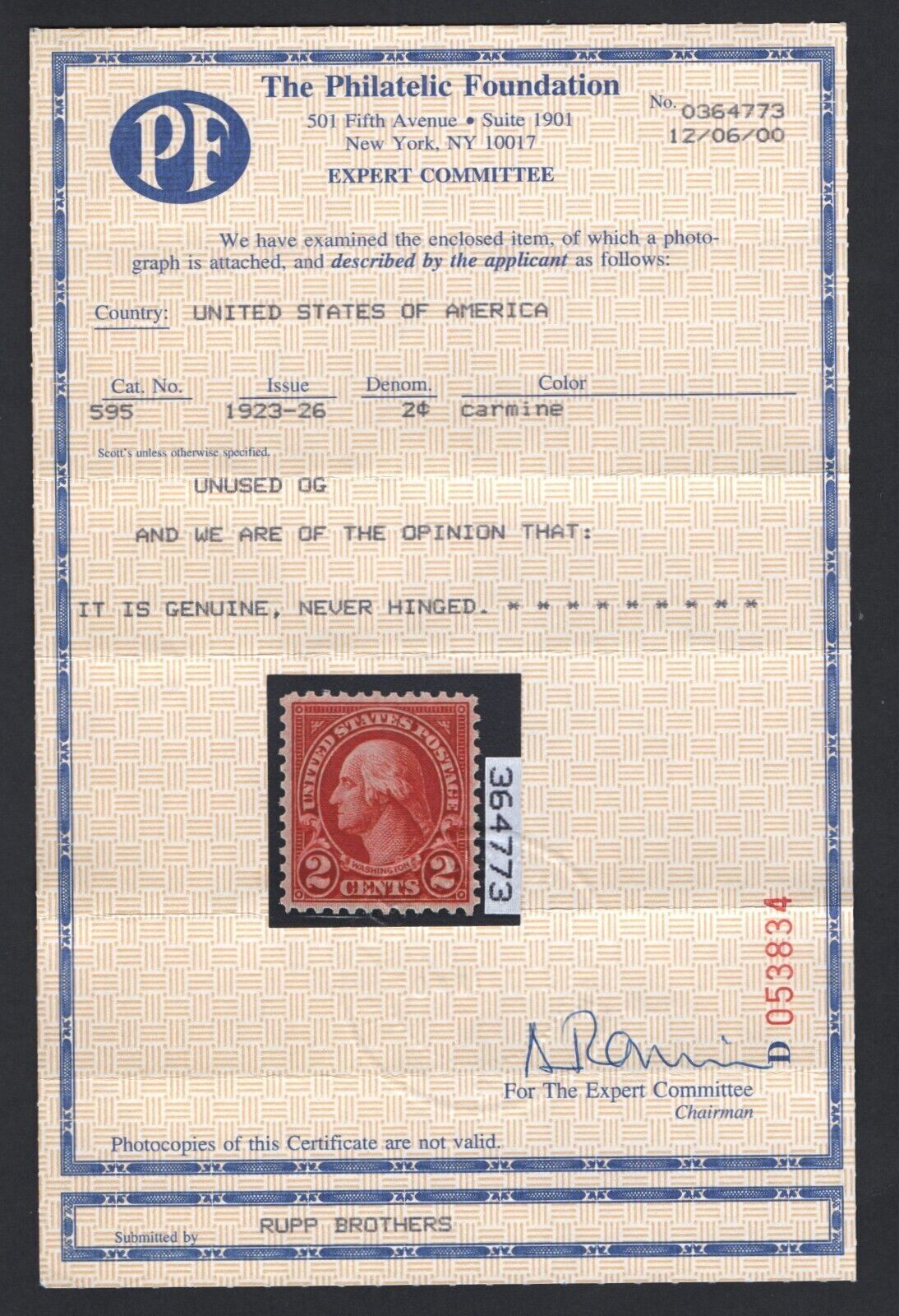 SCOTT #595 - MINT - OGnh - XF - w/PF Cert. (LB 8/17) | United States ...