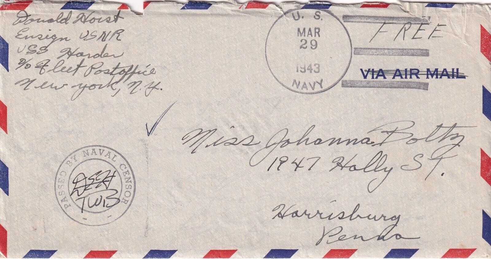 1943 USS Harder SS-257 to Harrisburg, Pa Airmail, Censored, Commercial ...