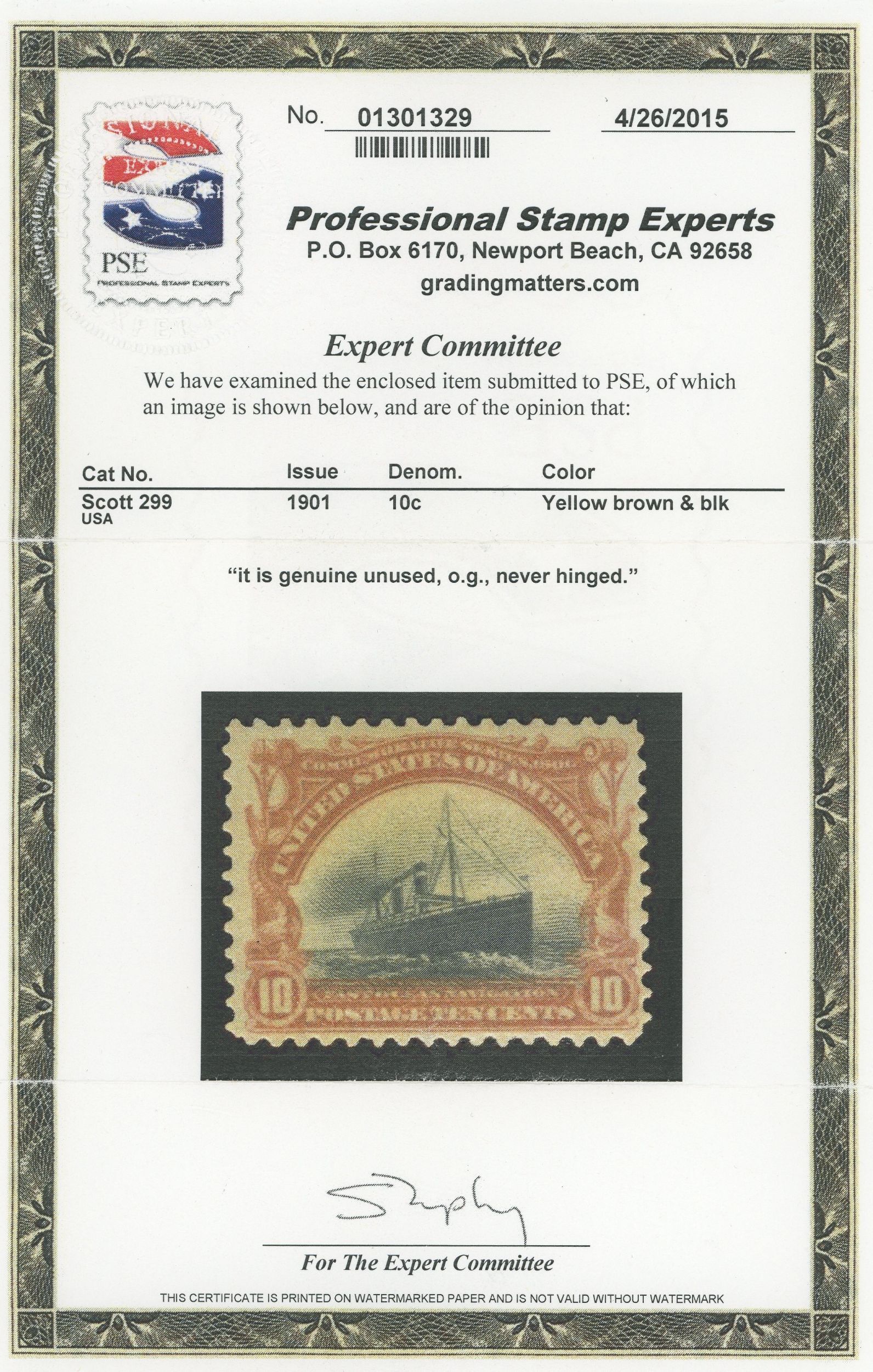 USA 299 - 10 cent Pan-American - F/VF Mint never hinged with PSE ...