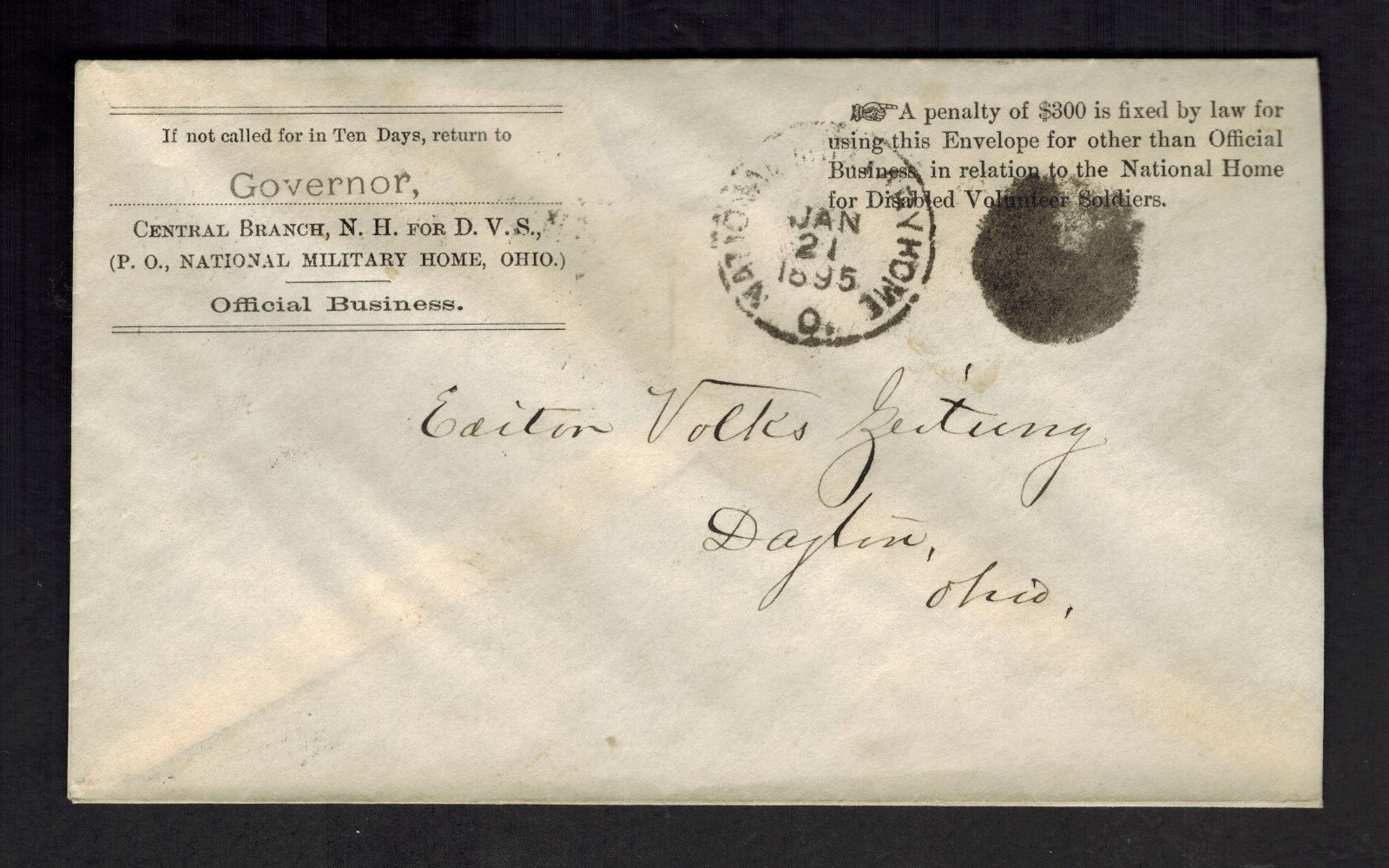 1895 National Military Home Dayton OH Official Cover to Volks Zeitung ...