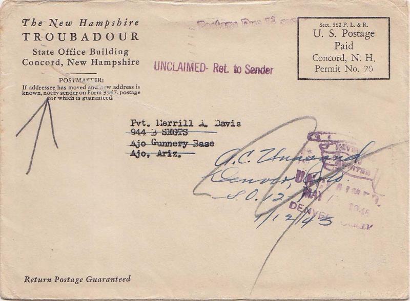 United States Military Postage Paid 1945 U.S. Postage Paid Concord, N.H ...