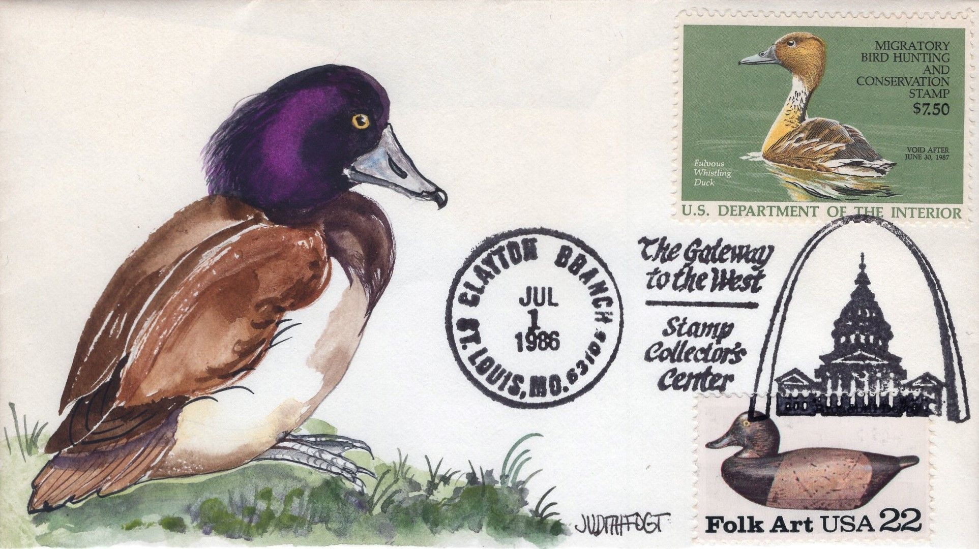 Judith Fogt Hand Painted Combo FDC for the 1986 Federal Duck Stamp ...