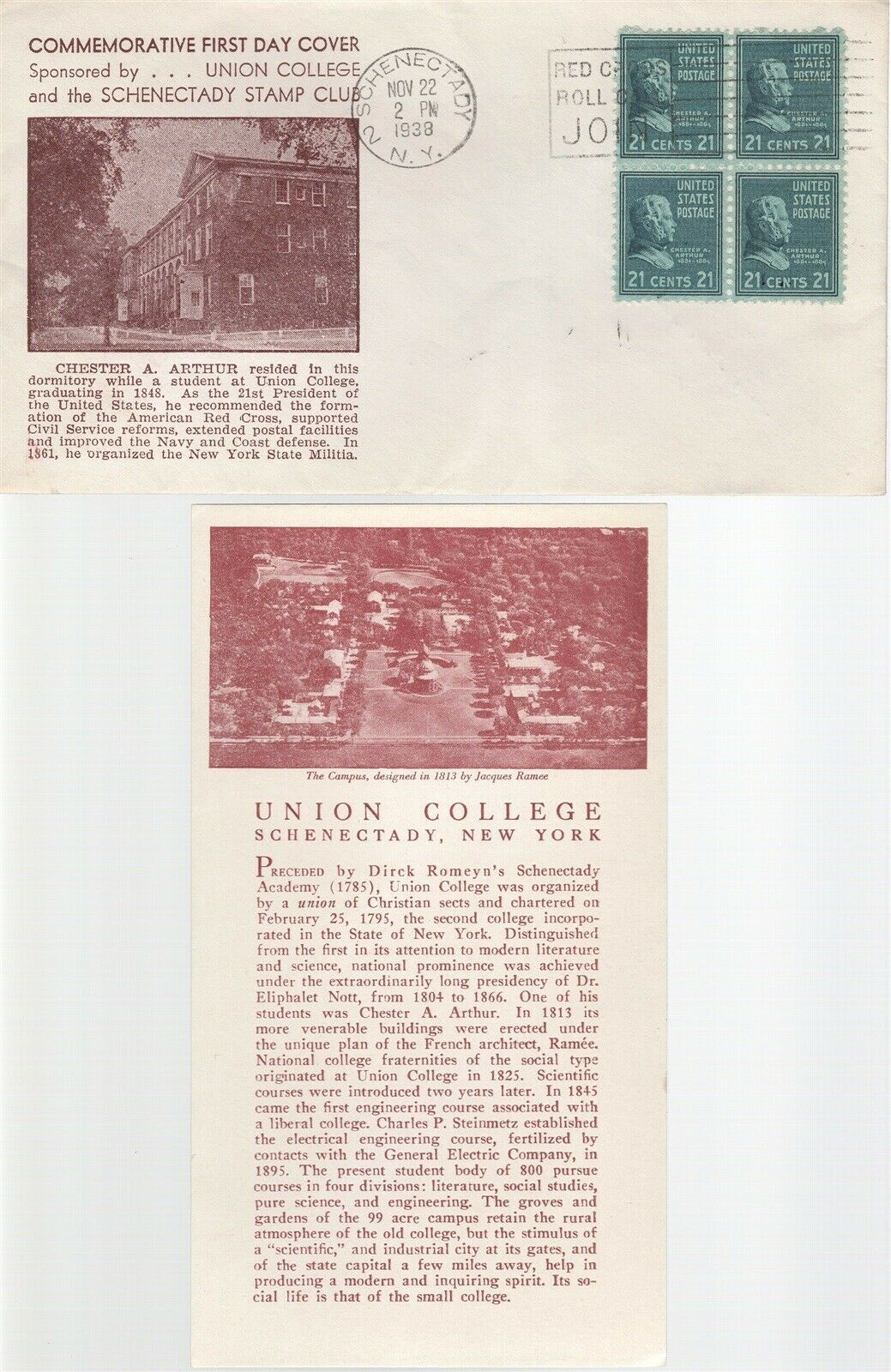 826 21c CHESTER A ARTHUR - 1st Union College U/O Schenectady w/stuffer ...