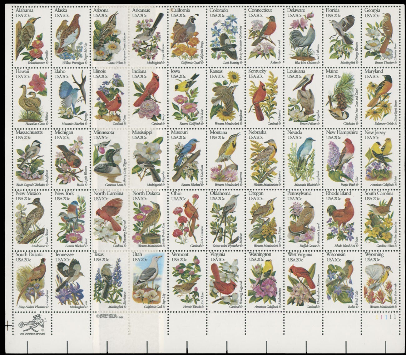 1982, US State Birds and Flowers, Complete Pane of 50, Printed on ...