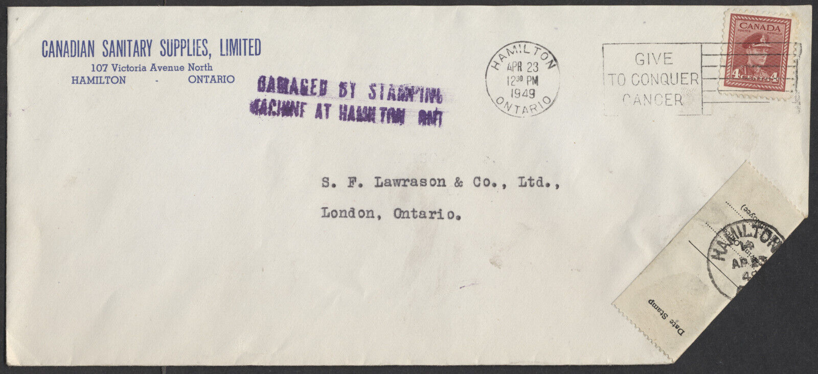 1949 DAMAGED BY STAMPING MACHINE AT HAMILTON ONT Handstamp On #10 Size ...