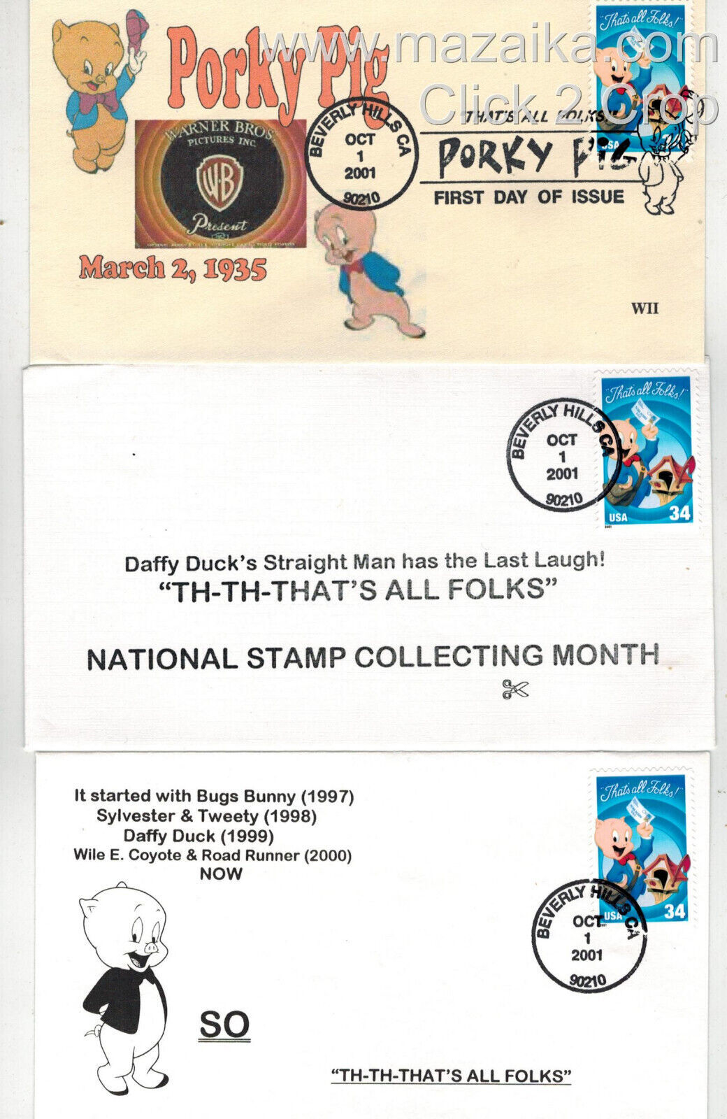 Porky PIG Warner Brothers Cartoons 3534 SET of 3 Lesser Seen Fdcs ...