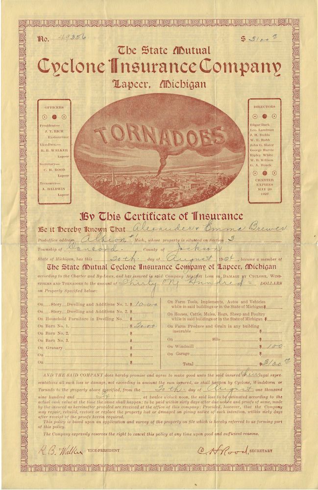 Ephemera: 1924 - Cyclone-Tornado Insurance Certificate and Claim ...
