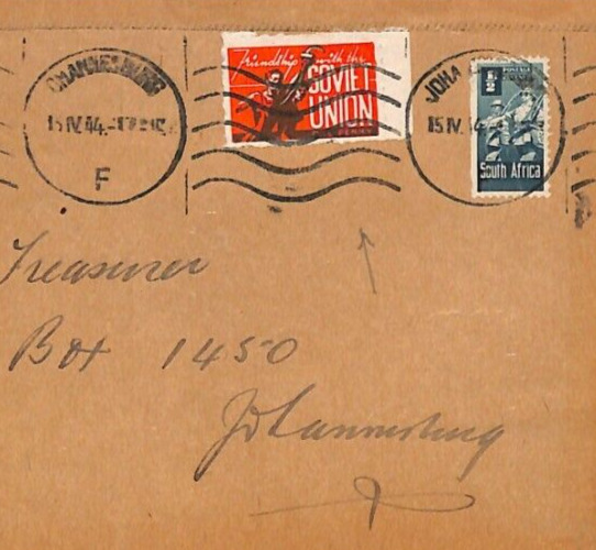 SOUTH AFRICA WW2 Cover *FRIENDSHIP WITH SOVIET UNION* Propaganda Label ...