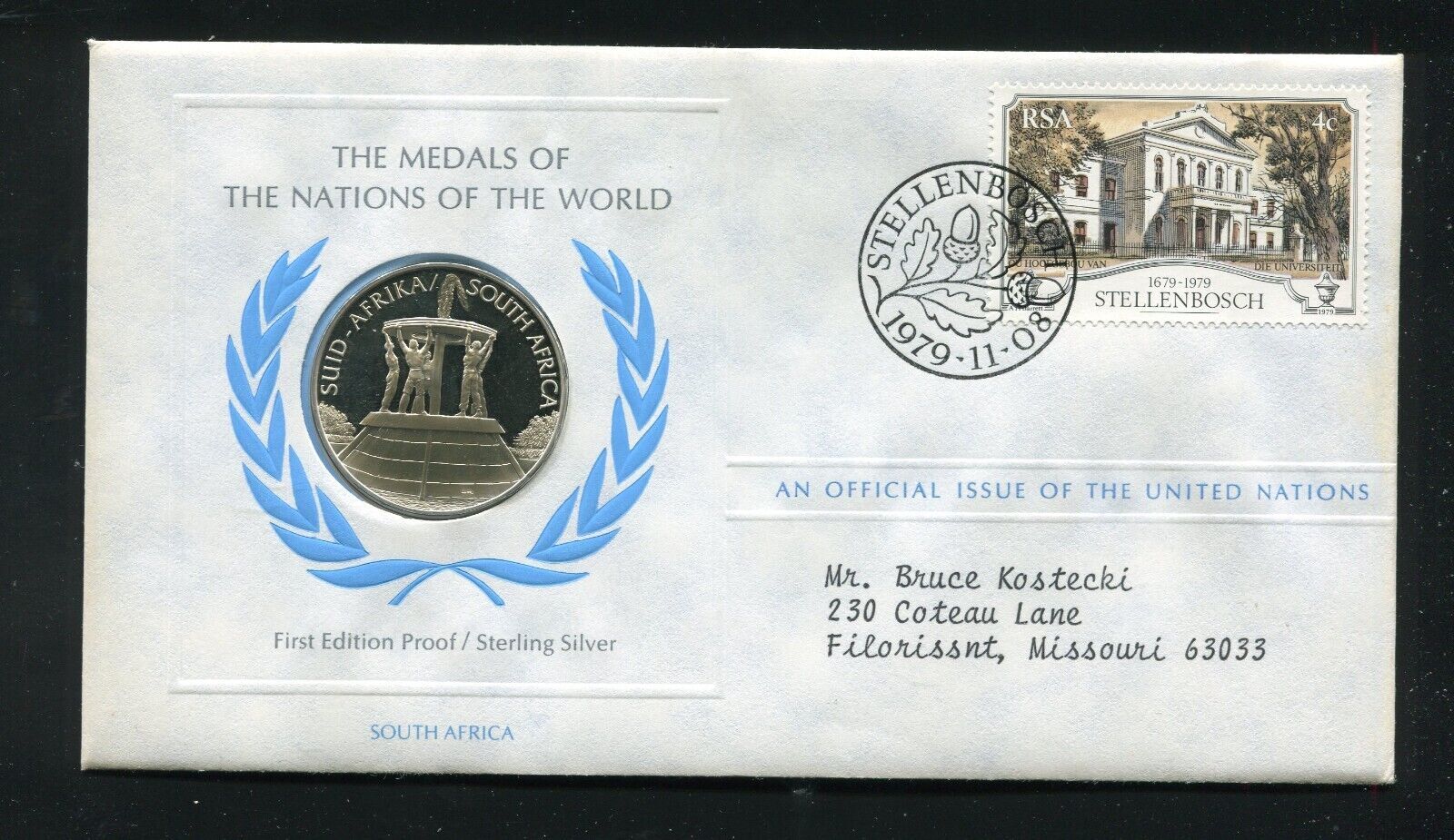 1979 United Nations Sterling Silver South Africa Medal & Stamp ...