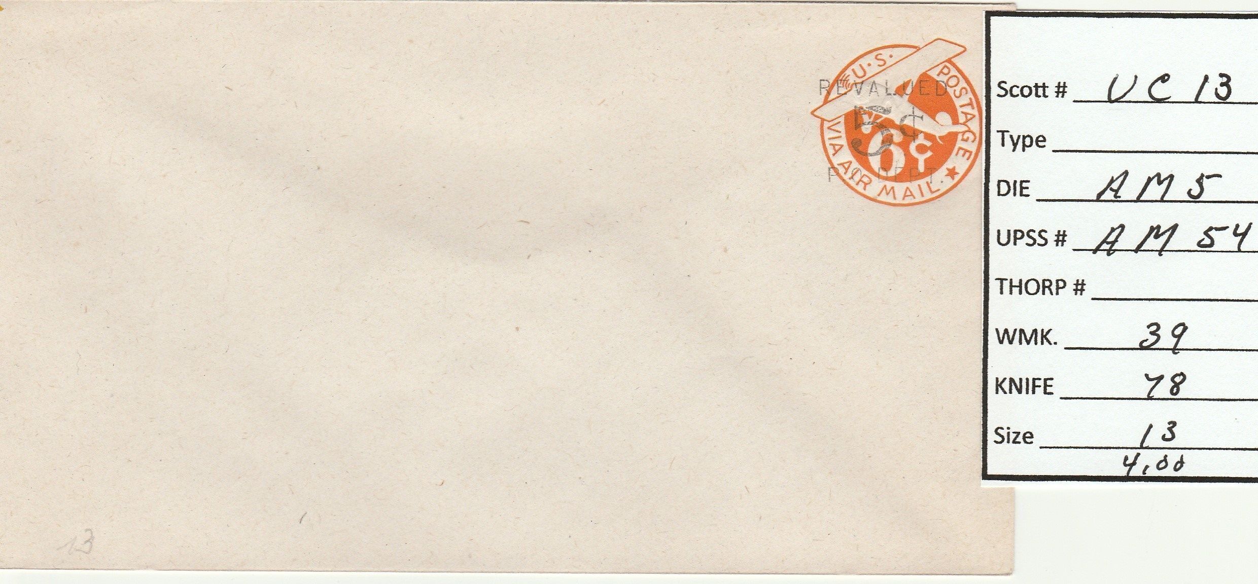 Scott# UC13 UPSS#AM54 Watermark 39 US air mail envelope. | United ...