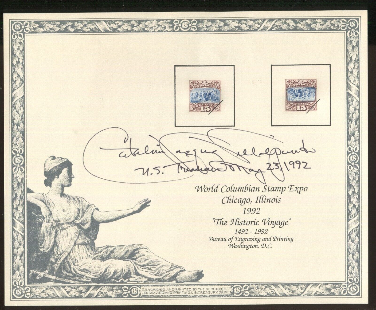 1992 World Columbian Stamp Expo Signed Treasurer Catalina Vasquez ...
