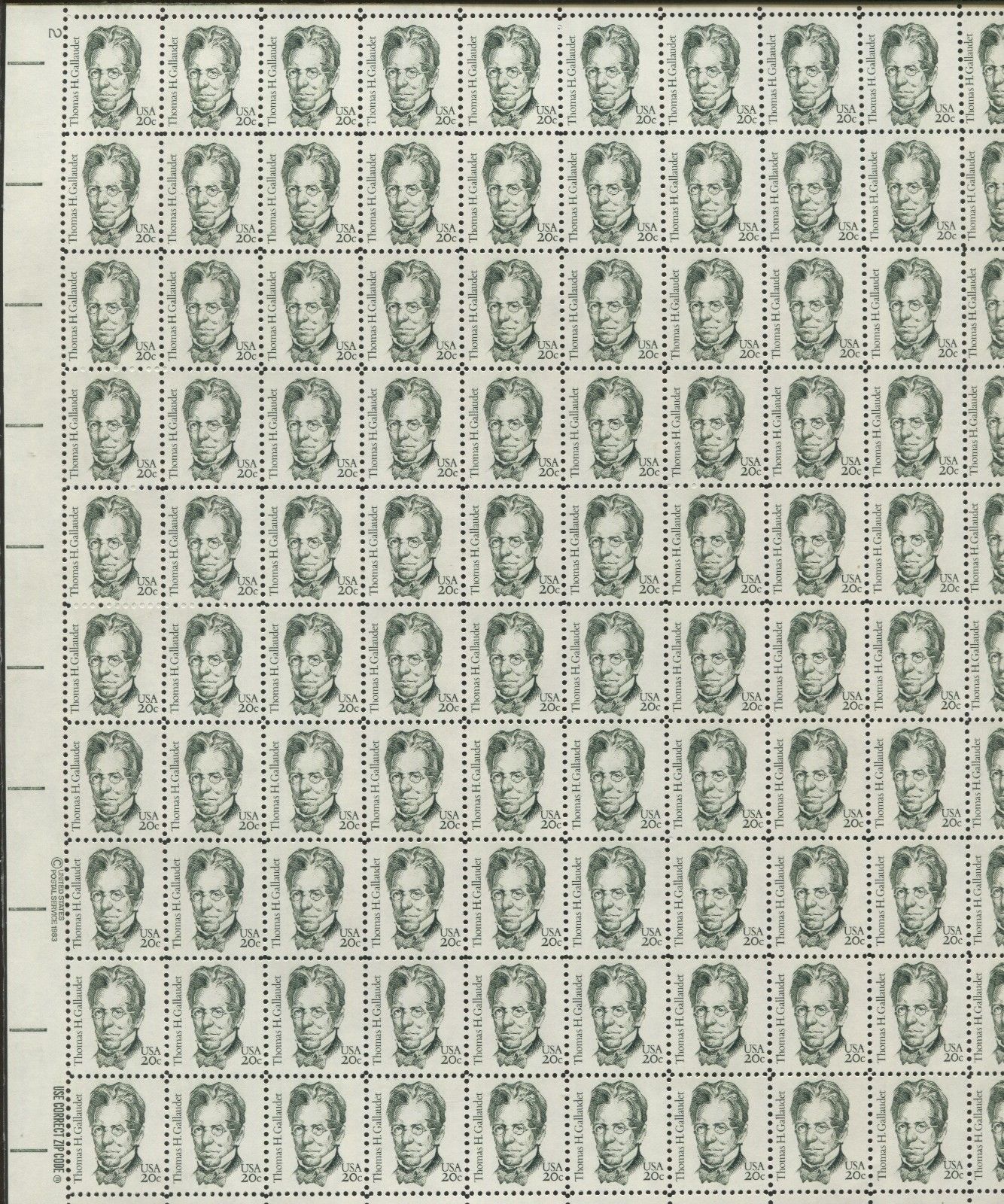 Pane of 100 USA Stamps 1861 American Deaf Educator Thomas H. Gallaudet ...