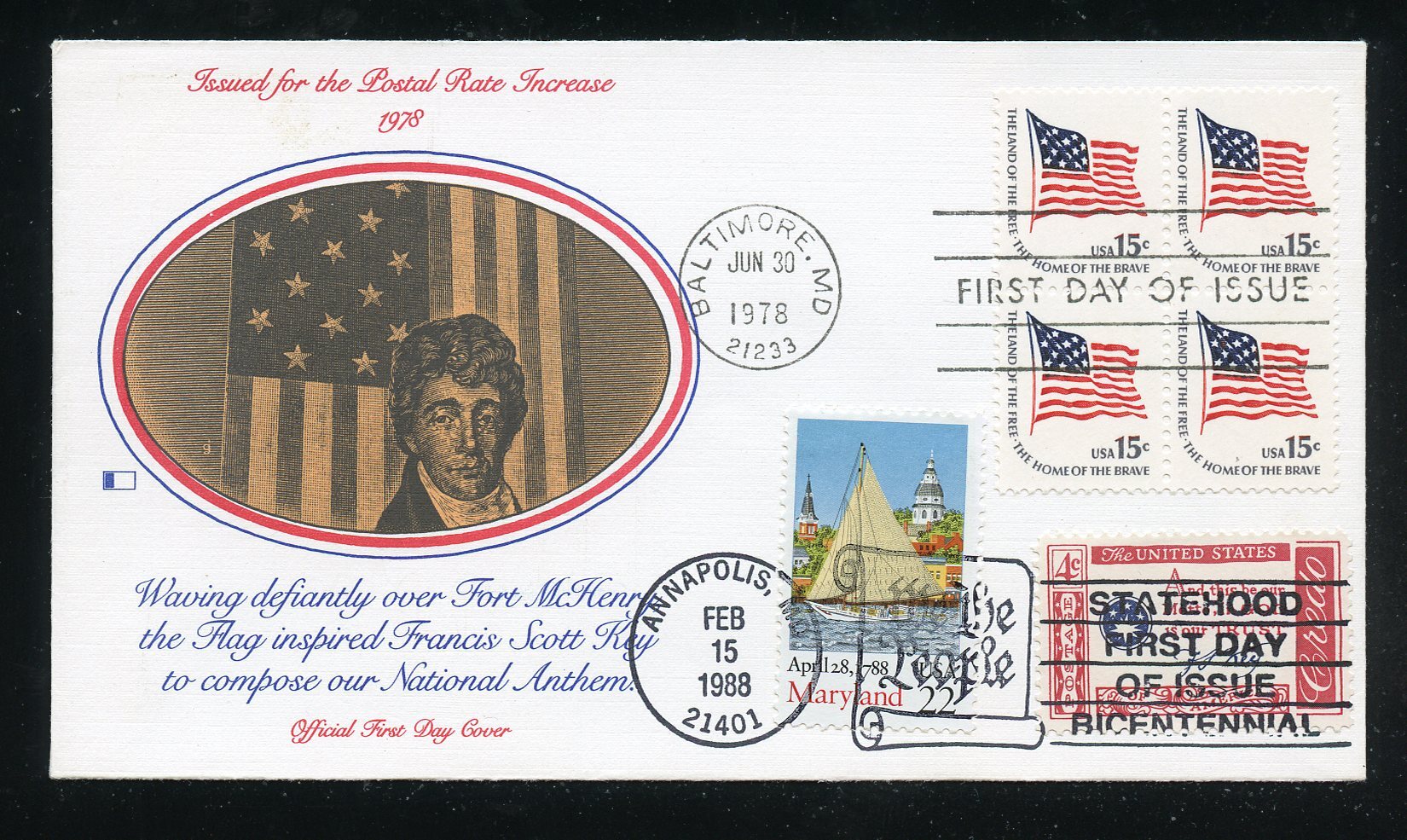 US 1597 Fort McHenry Flag Blk / 2342 Maryland UA Fleetwood cachet dual ...