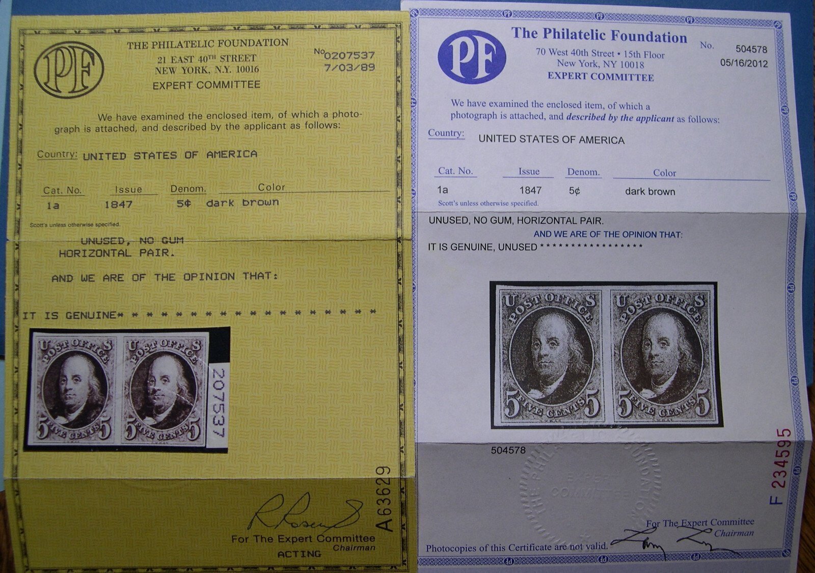 USA Scott #1a 1847 UNUSED pair 2x PFC certs VF+ CV $4,800+ | United ...