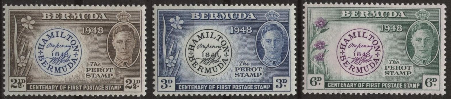 Bermuda 135-137 (mnh set of 3) postmaster stamp of 1848, George VI ...