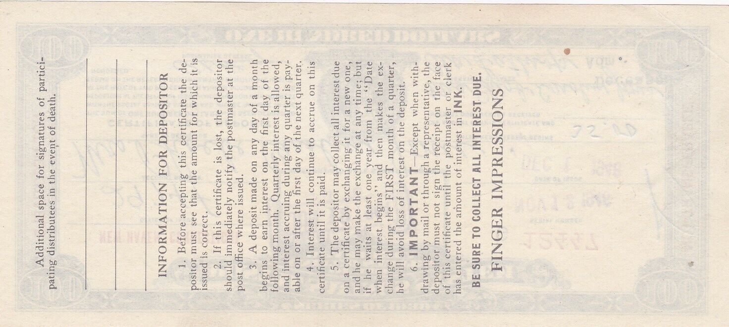 $100 Series of 1939 Postal Savings System Certificate Paid New Haven CT ...