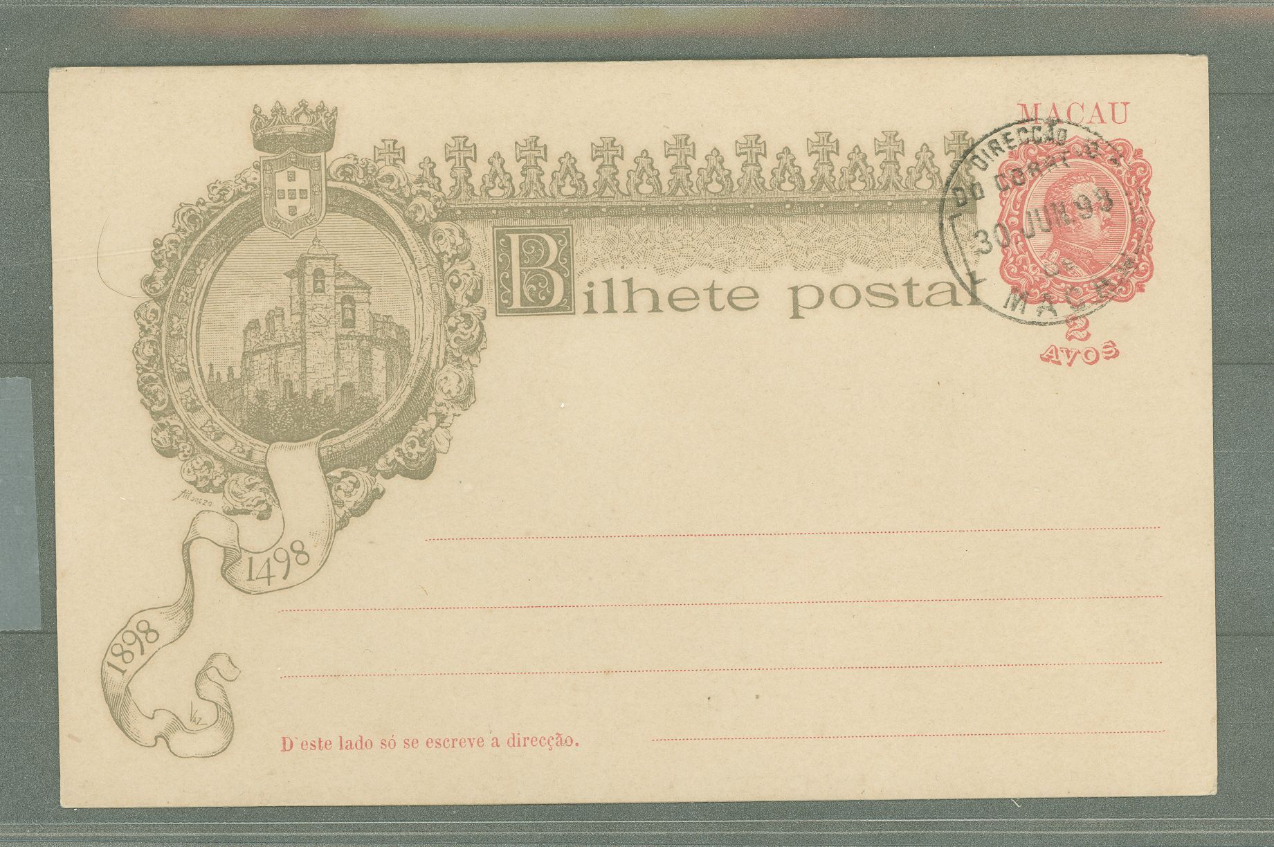 Macao (Macau) 1898 2auos rose on grey; CTO "Macau 30 Jun 98 ...