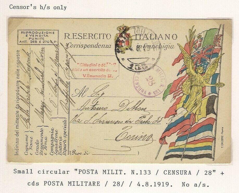 Italia 1919 POSTA MILITARE N.133 CENSURA 28 Italy WW1 Military Censor ...